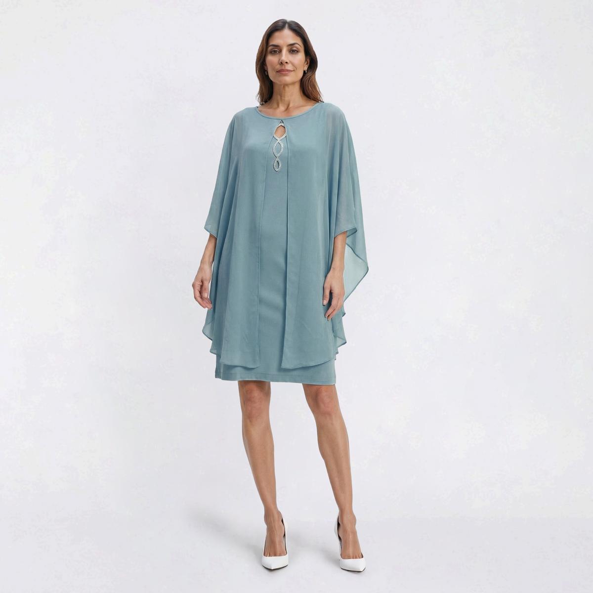 Connected Plus Size Cape-Overlay Sheath Dress - Dusty Aqua